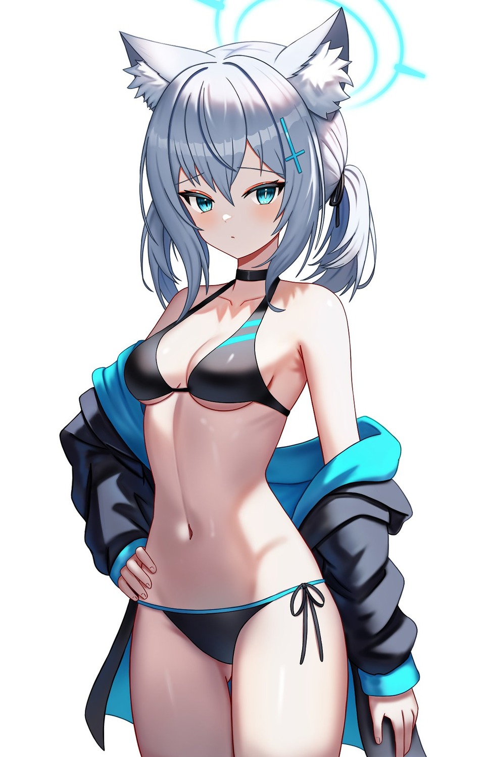 melreon blue archive sunaookami shiroko animal ears bikini halo nekomimi open shirt swimsuits ...
